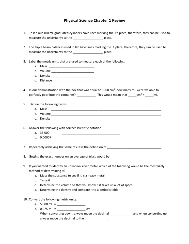 Physical Science Chapter 1 Review Worksheet