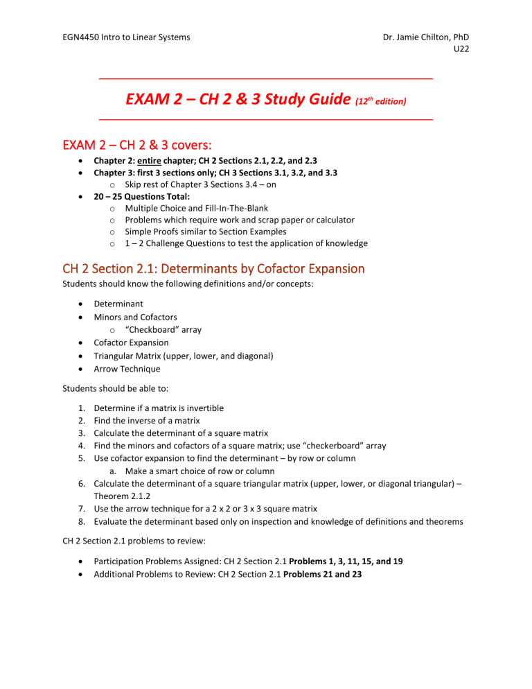 Linear Systems Exam 2 Study Guide: Ch 2 & 3