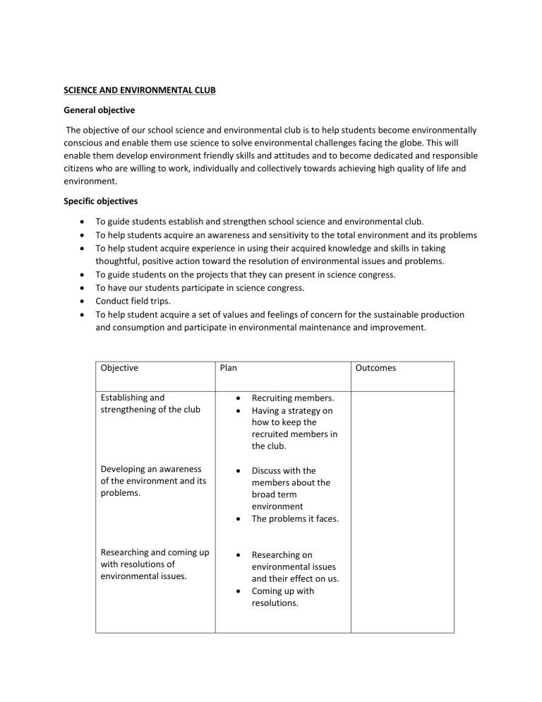 Science & Environmental Club Objectives & Plans