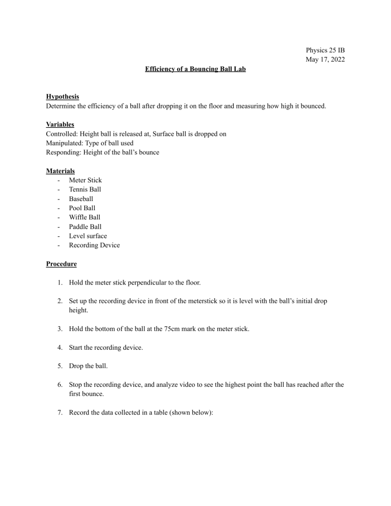Bouncing Ball Efficiency Lab Report - Physics Experiment