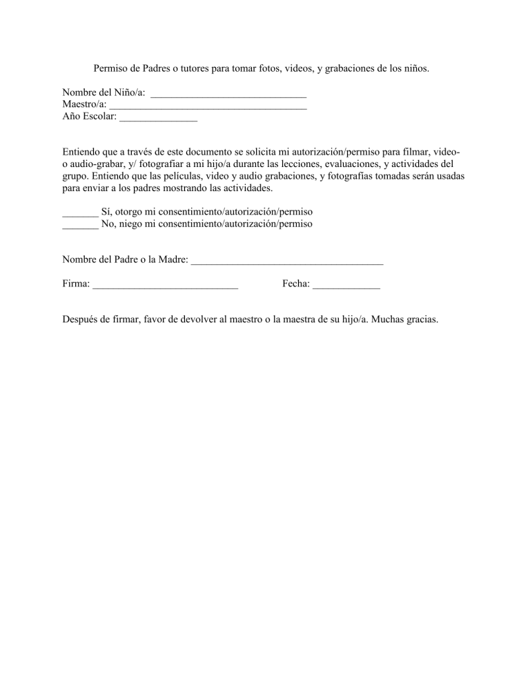 Formulario de Consentimiento para Fotos y Videos Escolares