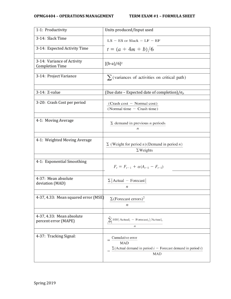 Operations Management Formula Sheet - Exam Prep