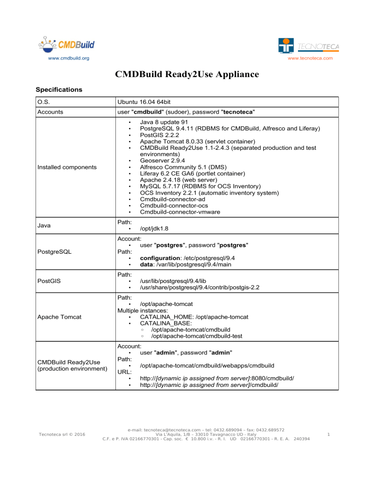 CMDBuild Ready2Use Appliance Specifications