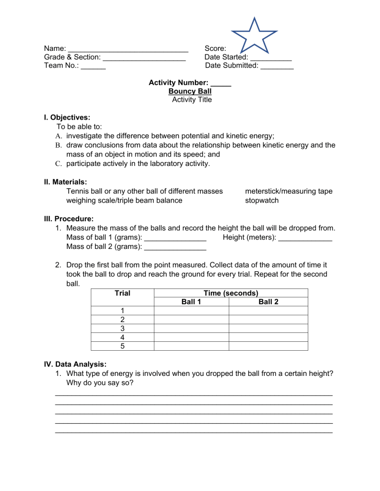 Bouncy Ball Energy Worksheet