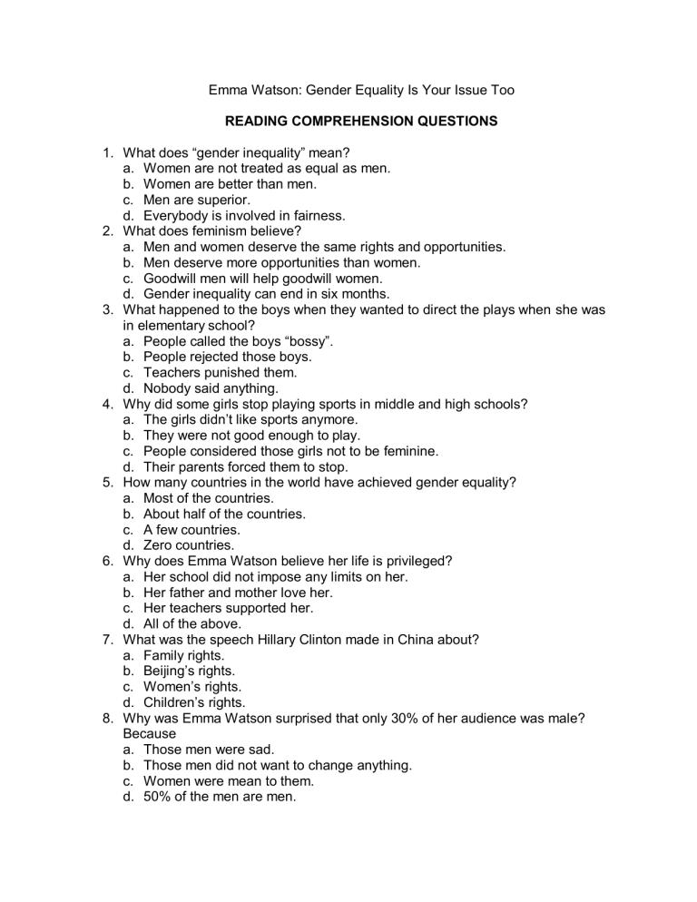 Gender Equality Reading Comprehension Questions