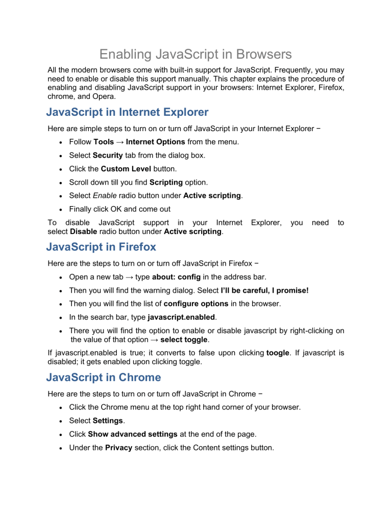 Enable/Disable JavaScript in Browsers: IE, Firefox, Chrome, Opera