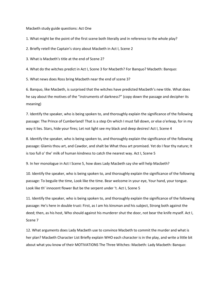 Macbeth Act One Study Guide Questions
