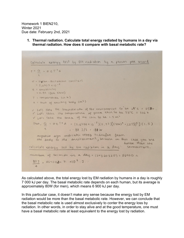 BIEN210 Homework: Thermal Radiation, Lasers, Bioluminescence