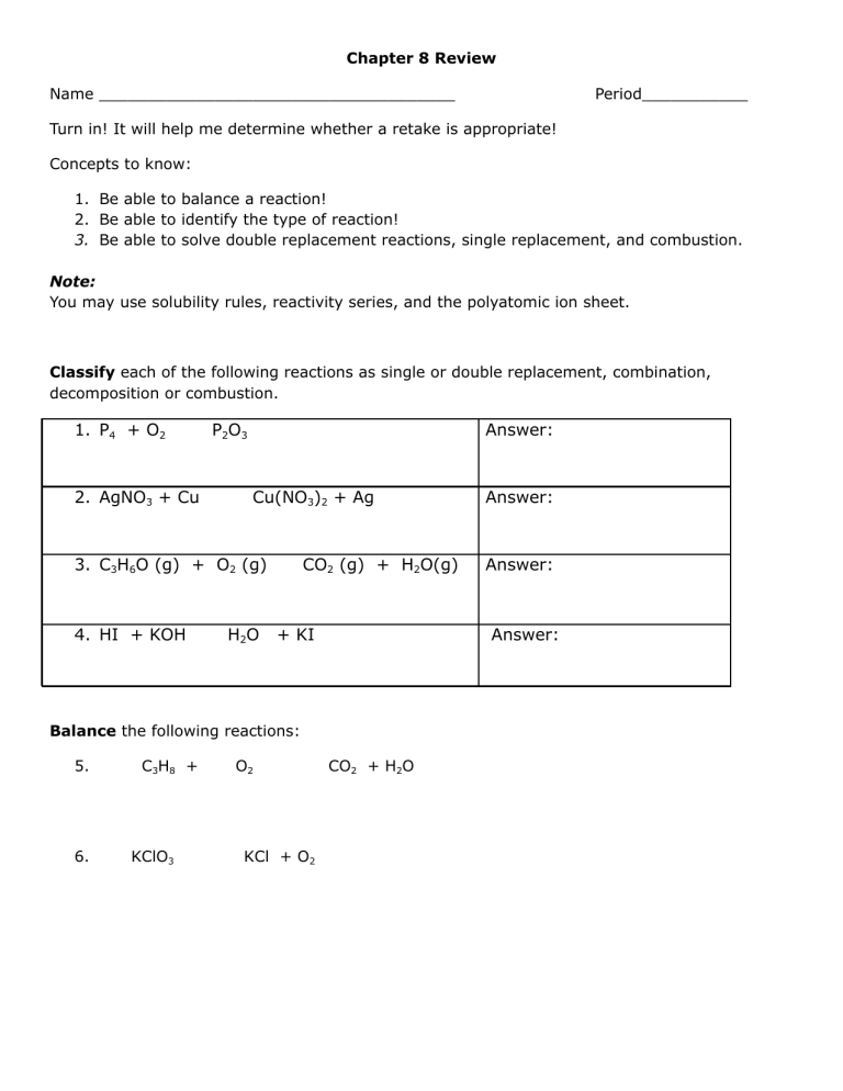 Chemistry Reactions Worksheet: Balancing & Predicting Products