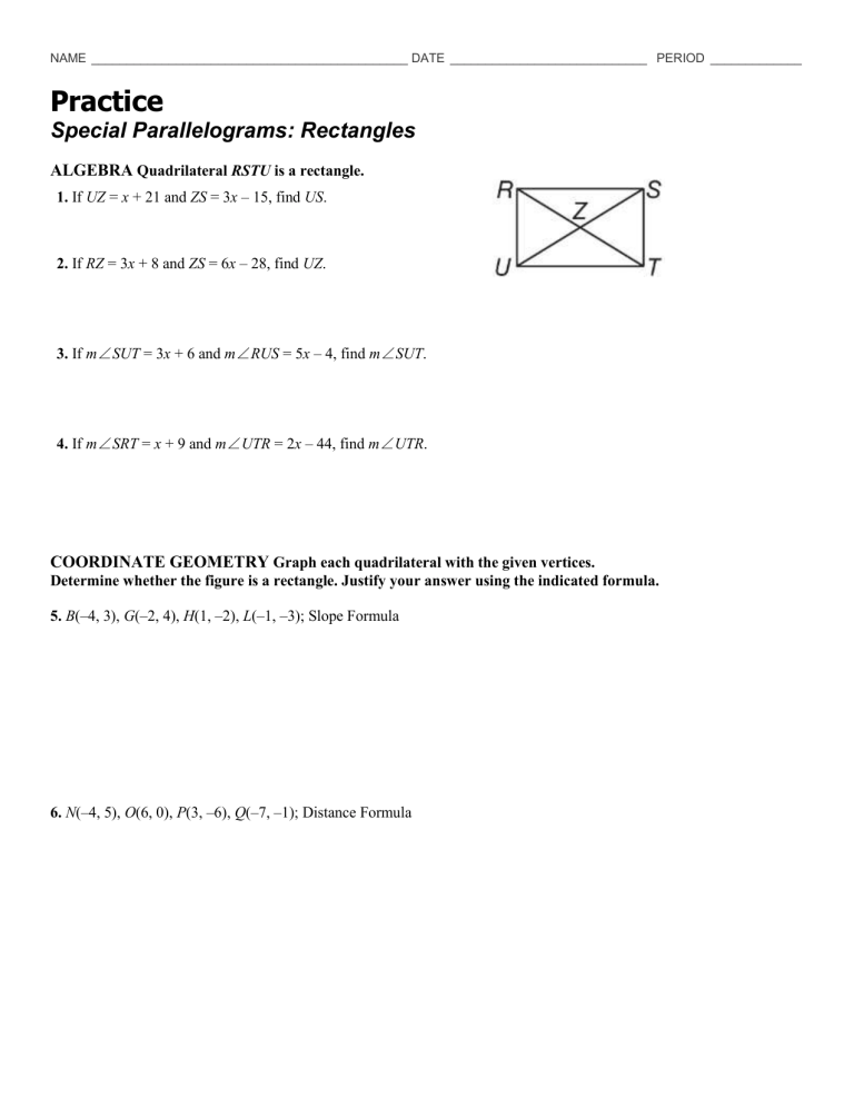Rectangle Properties: Algebra & Coordinate Geometry Worksheet