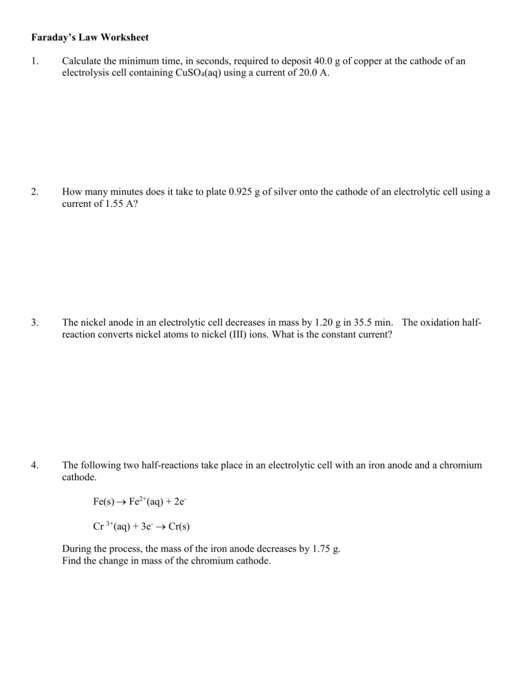Faraday's Law Electrolysis Worksheet