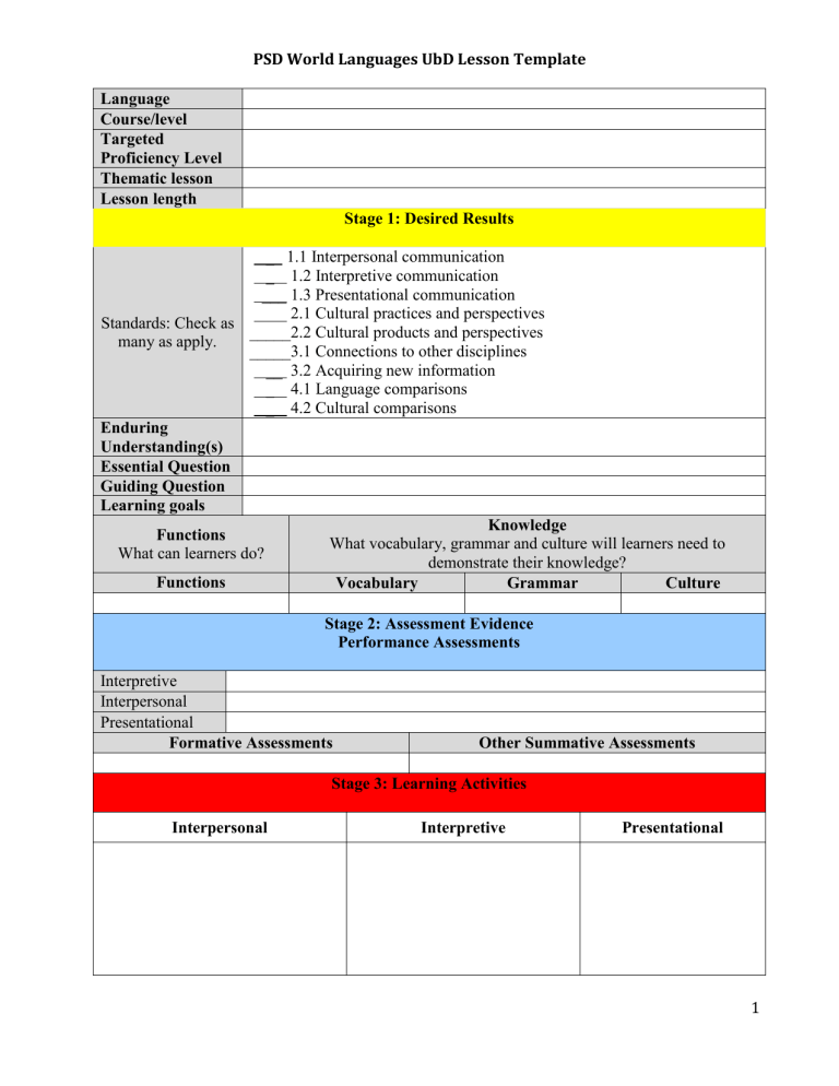 World Languages Lesson Plan Template (UbD)