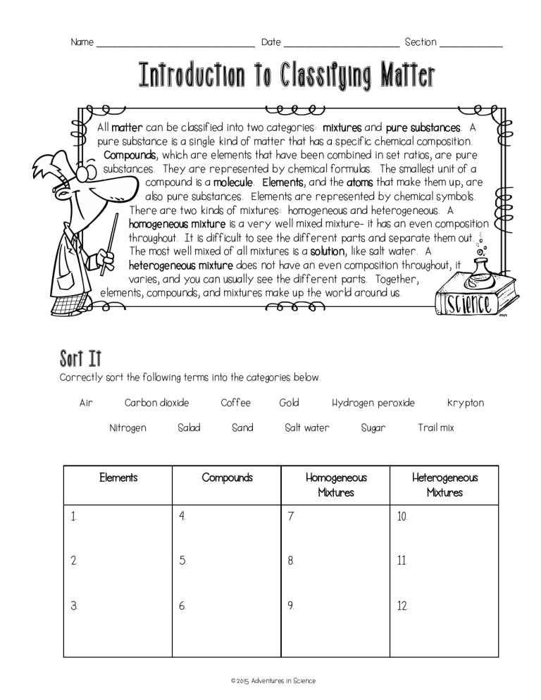 Classifying Matter: Mixtures & Pure Substances Worksheet