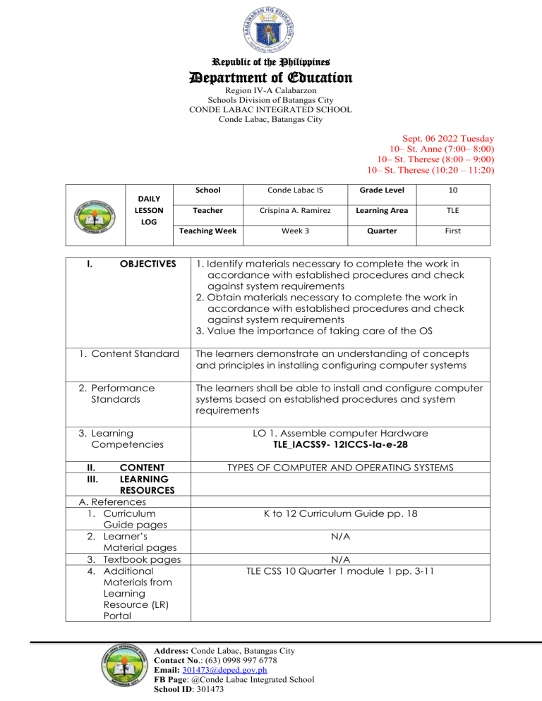 Grade 10 Tle Daily Lesson Log Computer Hardware And Os