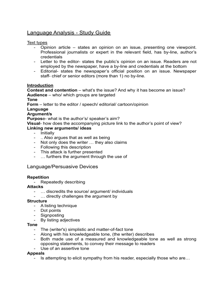 Language Analysis Study Guide