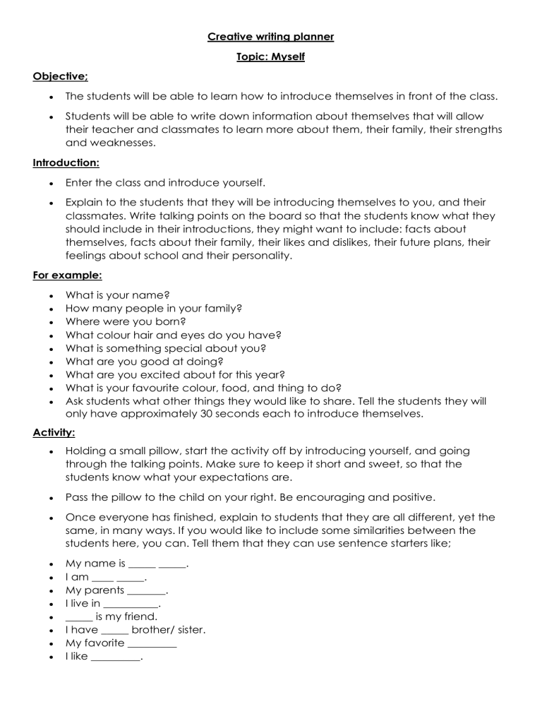 Creative Writing: Introducing Myself Lesson Plan
