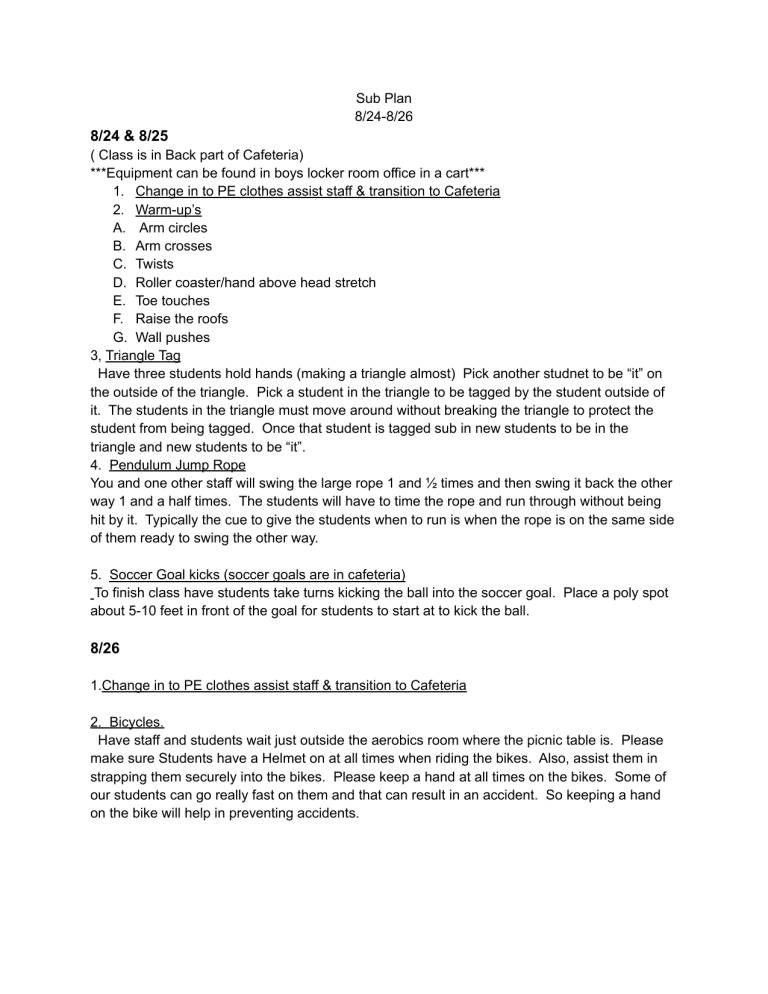PE Sub Plan: Activities & Safety (Aug 24-26)