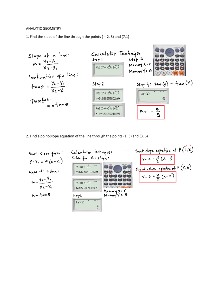 Analytic Geometry Worksheet: Slopes, Equations, Intersections