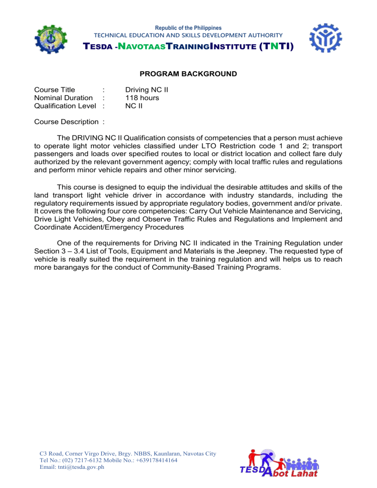 Driving NC II Program Background