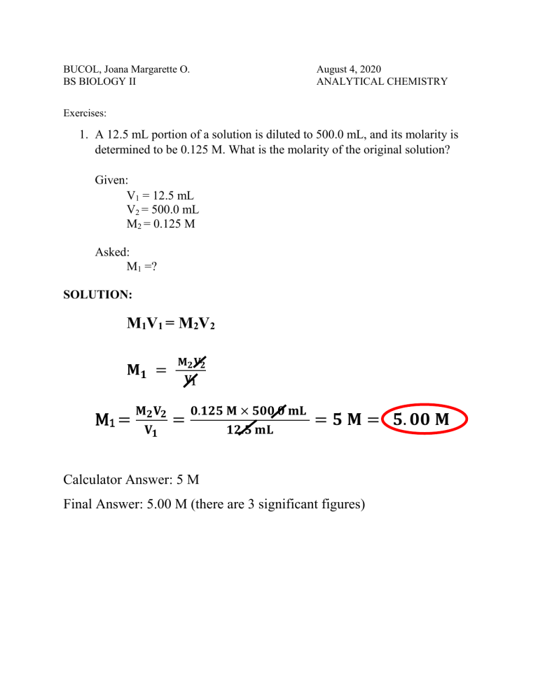 Analytical Chemistry Molarity Exercises