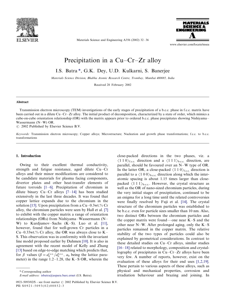 Cu-Cr-Zr Alloy Precipitation: TEM Microstructure Analysis