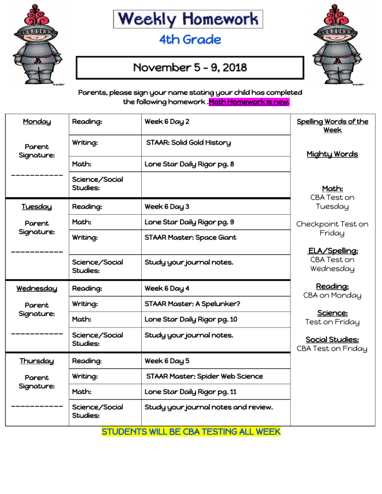4th Grade Weekly Homework Sheet Nov 5-9, 2018