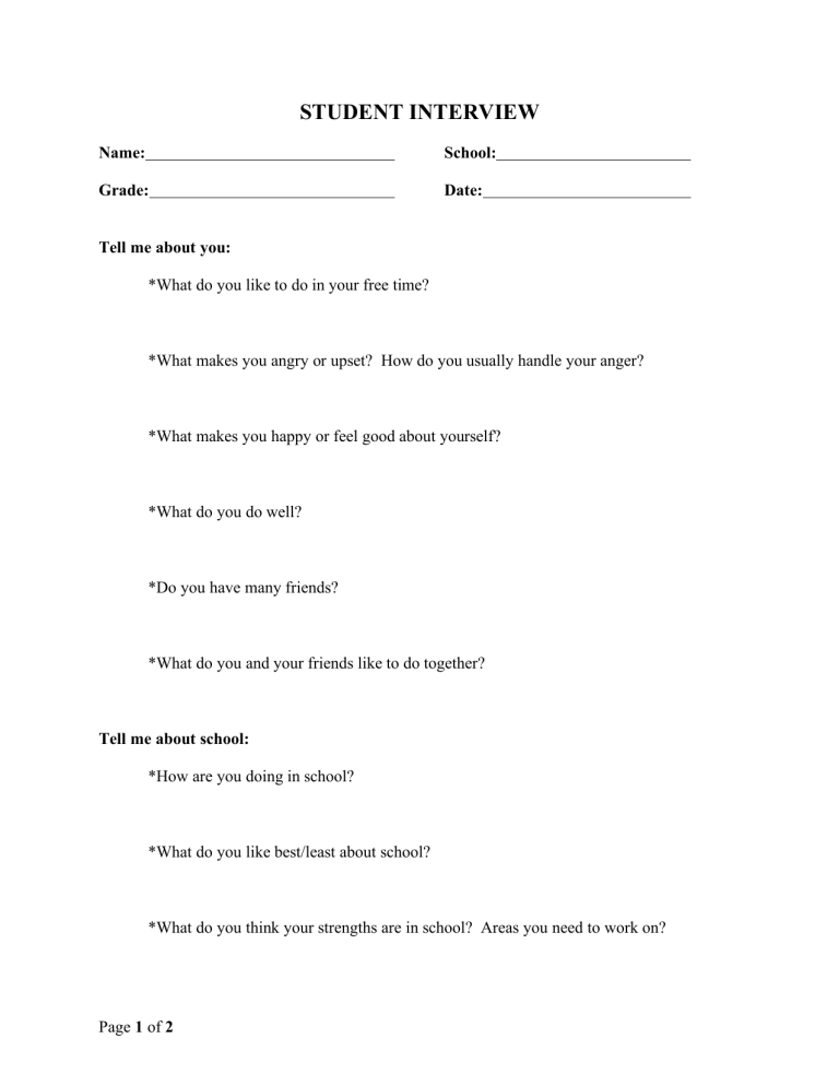 Student Interview Form - Personal & Academic Assessment