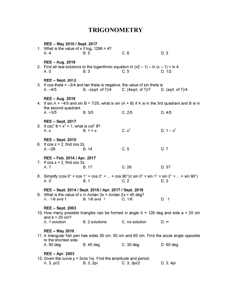 Trigonometry Exam Questions
