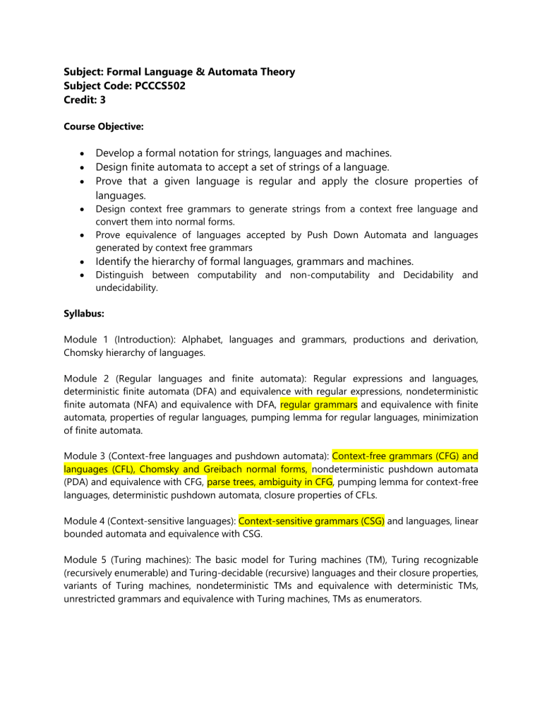 Formal Language & Automata Theory Syllabus