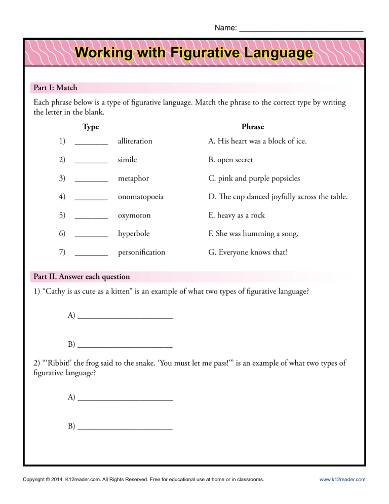 Figurative Language Worksheet: Alliteration, Simile, Metaphor