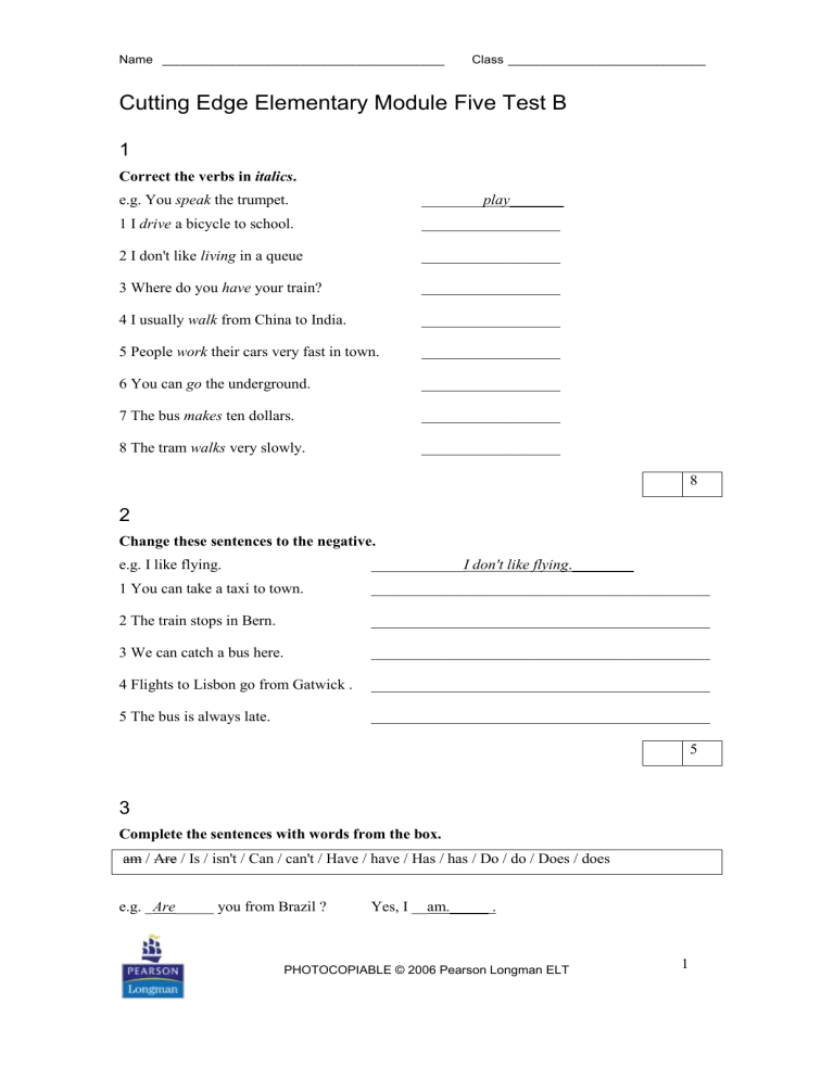 Elementary English Test: Module 5 Grammar & Transport