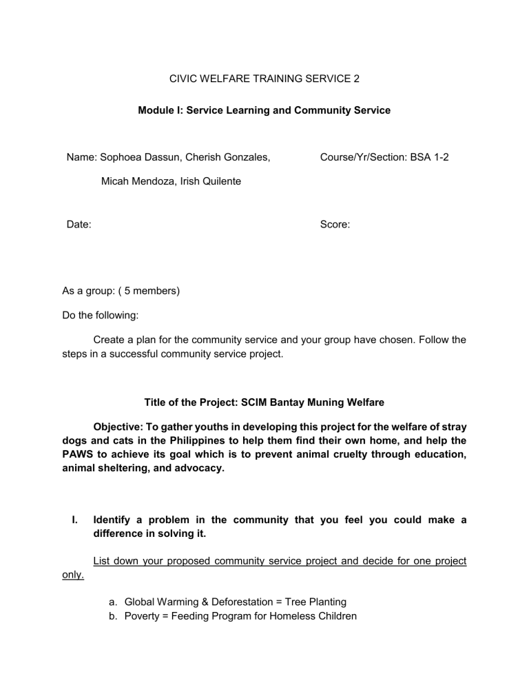 SCIM Bantay Muning Welfare: Community Service Project Plan