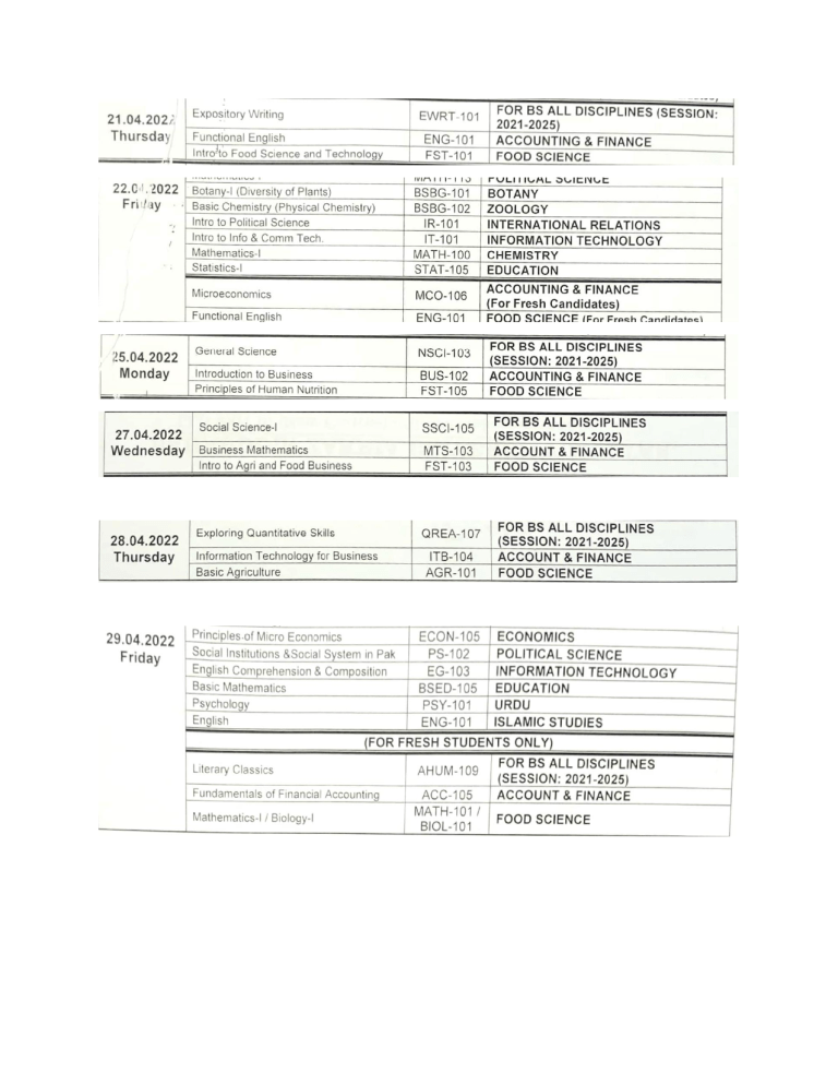 BS 1st Semester Exam Date Sheet (2021-25)