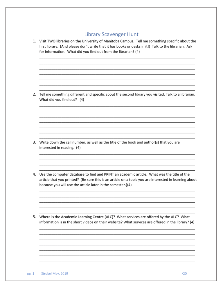 Library Scavenger Hunt Worksheet