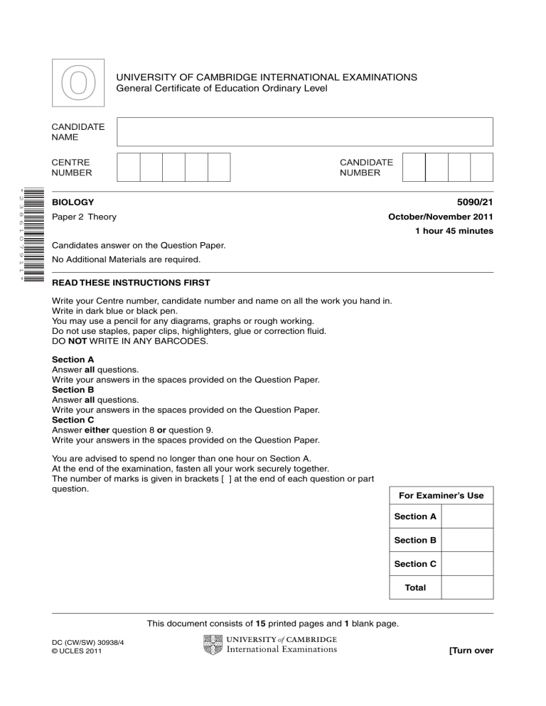 Biology Exam Paper 5090/21 Oct/Nov 2011