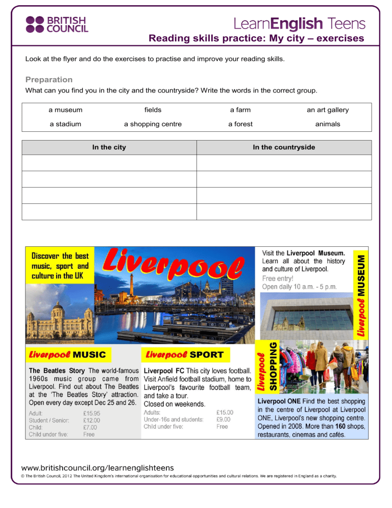 Reading Skills: My City - Liverpool Exercises