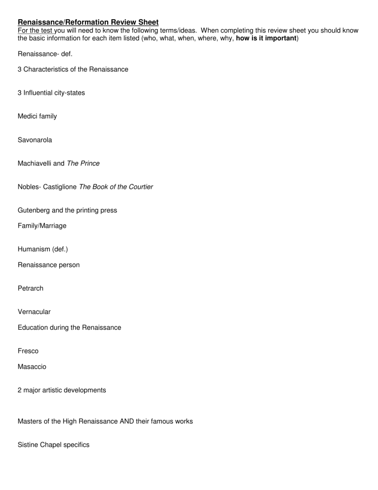 Renaissance & Reformation Review Sheet