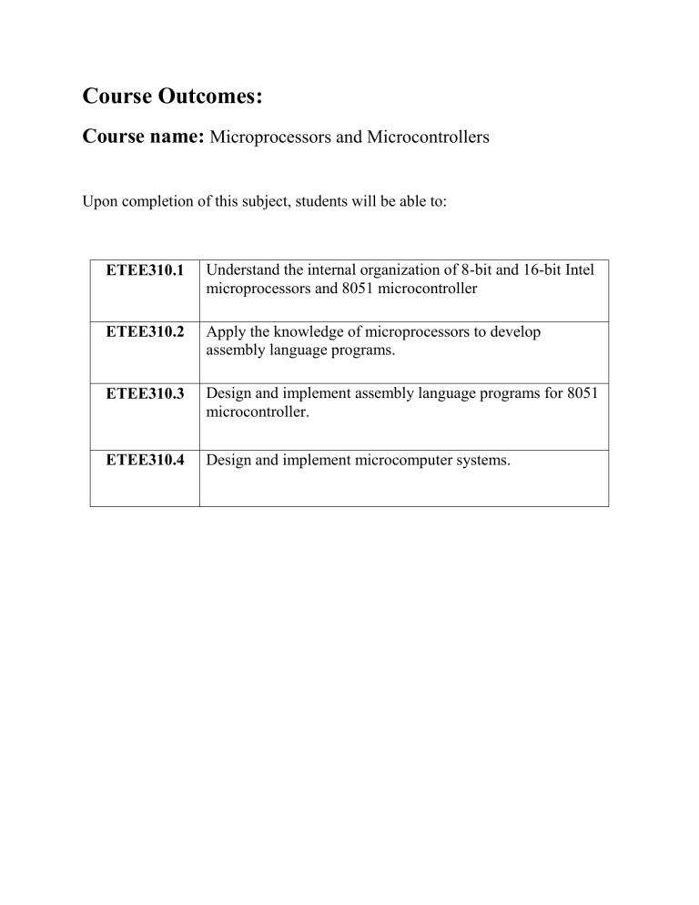 Microprocessors & Microcontrollers Course Outcomes