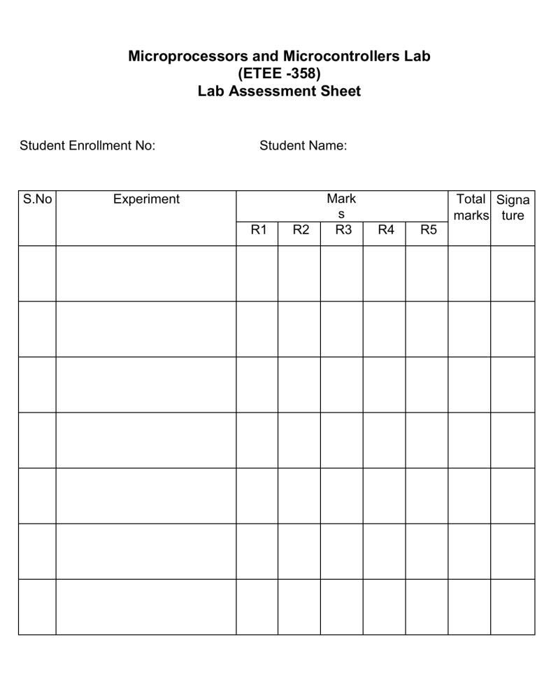 Microprocessors Lab Assessment Sheet