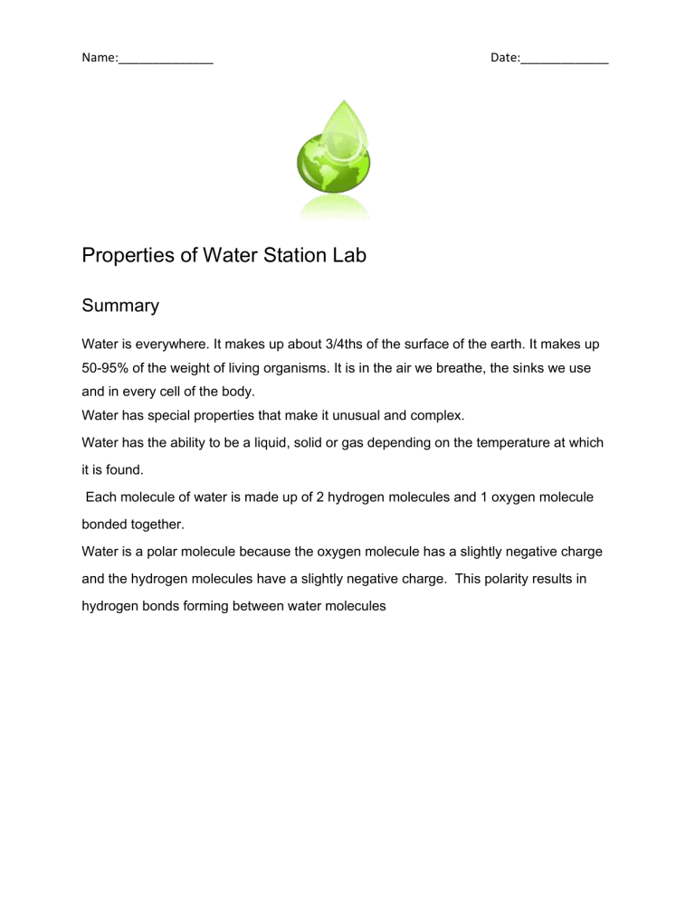 Water Properties Lab: Cohesion, Density, Solvent & More