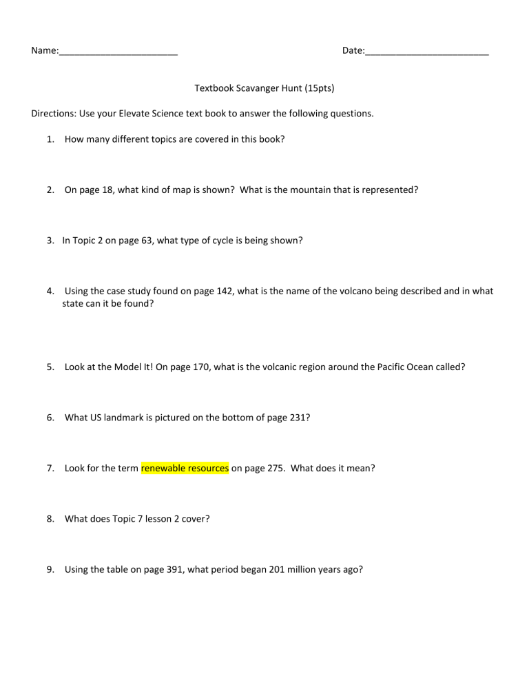 Science Textbook Scavenger Hunt Worksheet