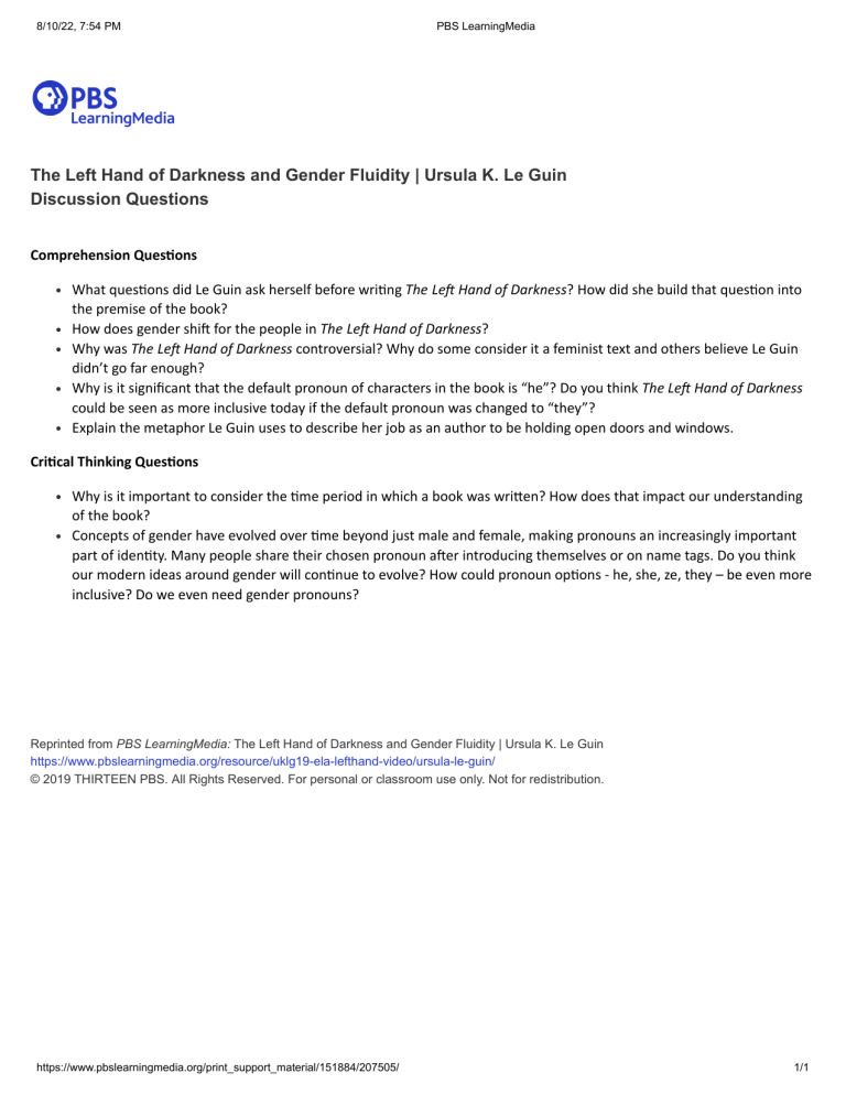 Left Hand of Darkness Discussion Questions