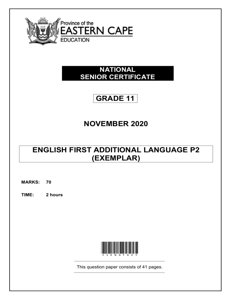 Grade 11 English FAL P2 Exam Paper (Exemplar)