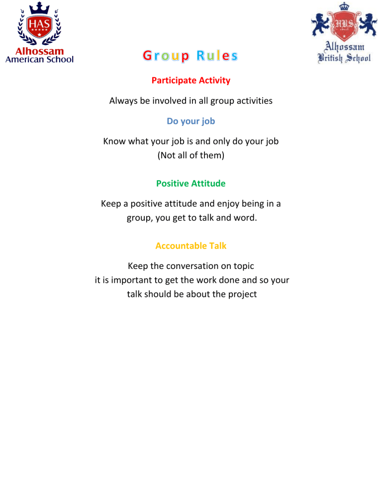 Group Rules: Participation, Job, Attitude, Talk