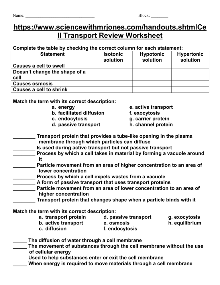 Cell Transport Review Worksheet