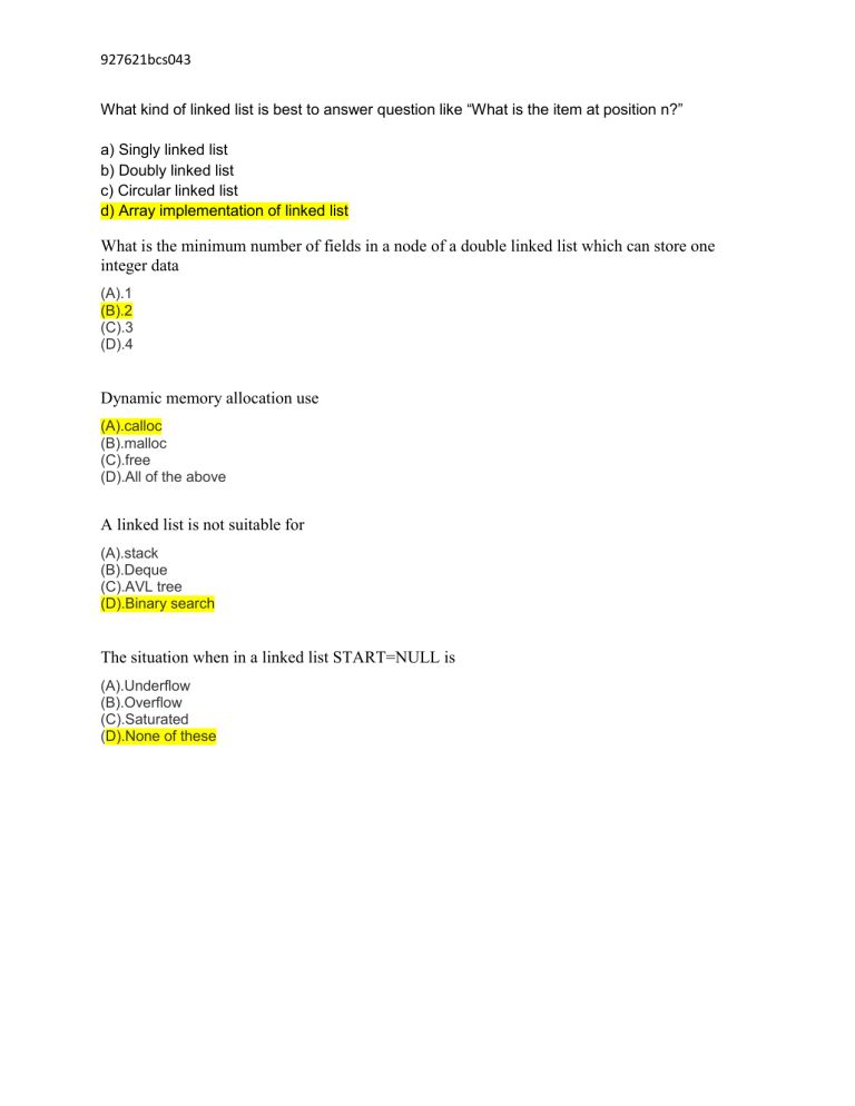 Linked List & Memory Allocation Exam Questions