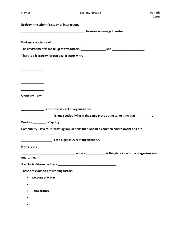 Ecology Worksheet: Interactions, Energy, and Organization