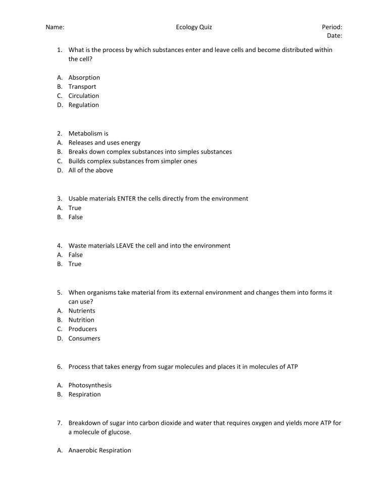 Ecology Quiz: Cell Processes, Trophic Levels, and Symbiosis