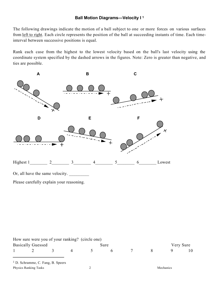 Ball Motion Velocity Ranking Worksheet