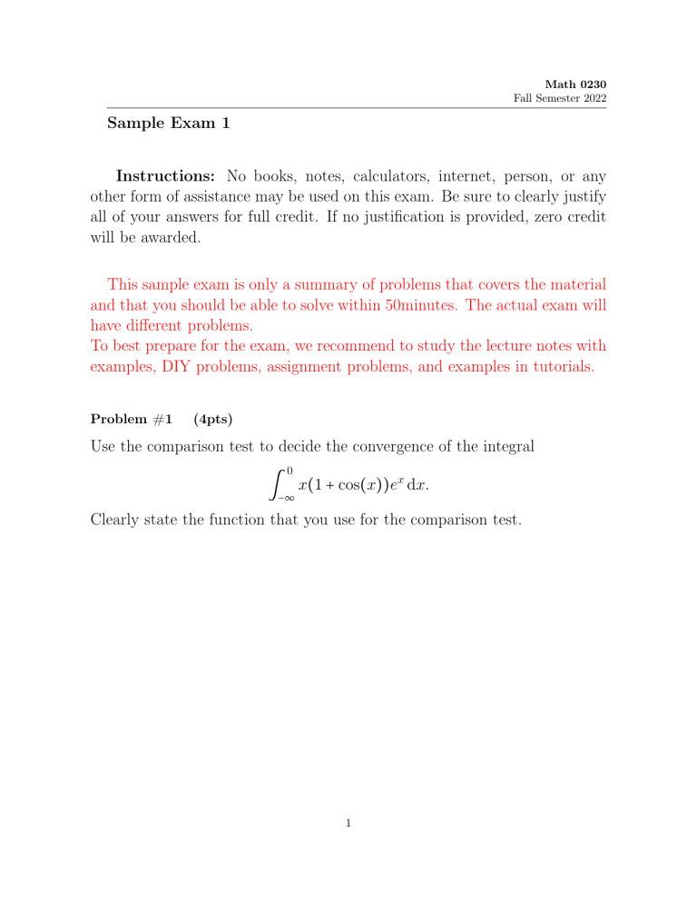 Math 0230 Sample Exam 1: Integration, Differential Equations